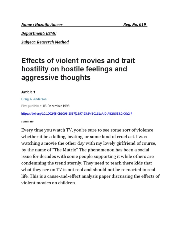 Effects of Violent Movies and Trait Hostility On Hostile Feelings and ...