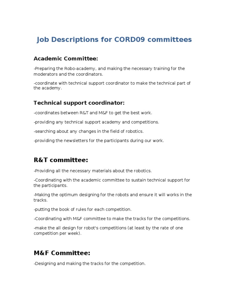 Job Descriptions For CORD' 09 Committees | PDF | Business