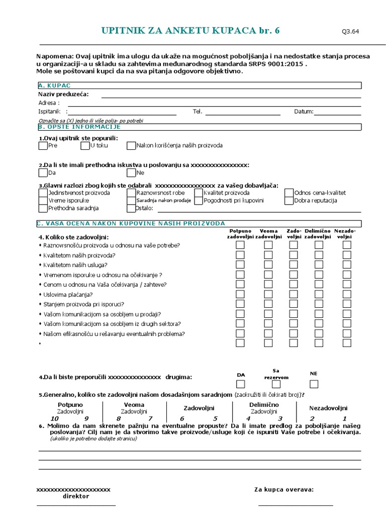 Upitnik Za Anketu Kupaca, 2021 | PDF