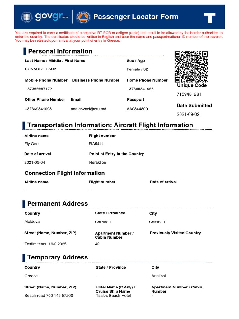 Passenger Locator Form: Personal Information | PDF | Aviation | Transport