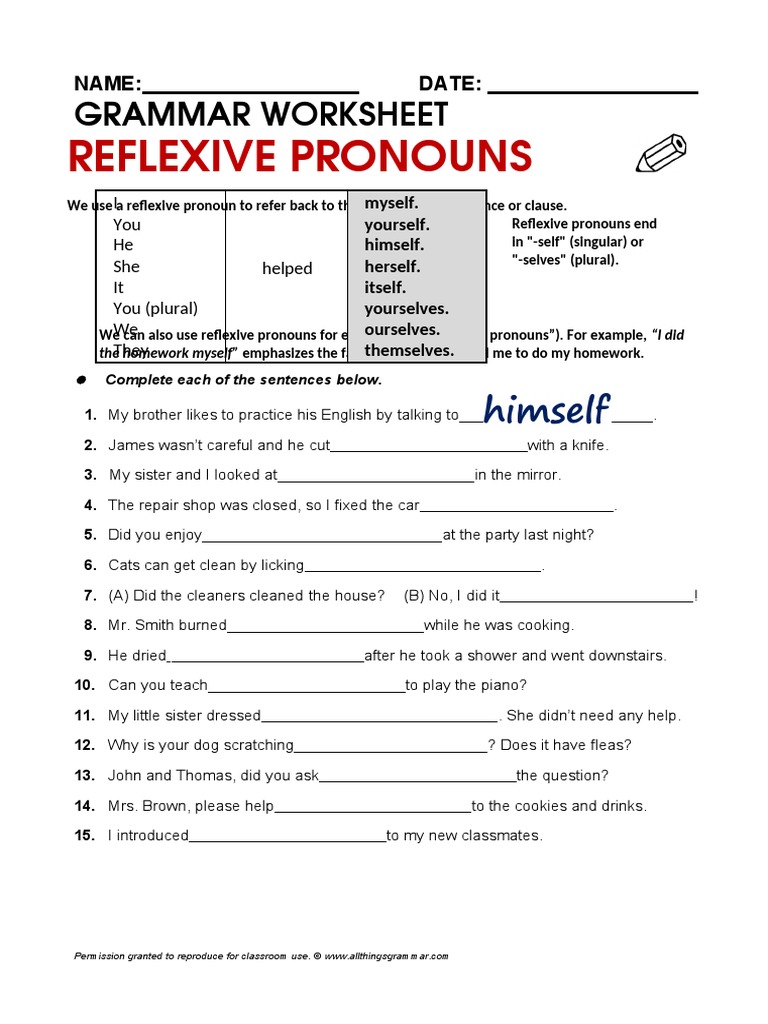 Reflexive Pronouns: Grammar Worksheet | PDF | Pronoun | Language Mechanics