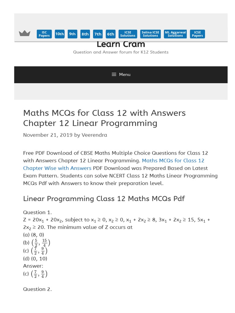 Learn Cram: Maths Mcqs For Class 12 With Answers Chapter 12 Linear ...