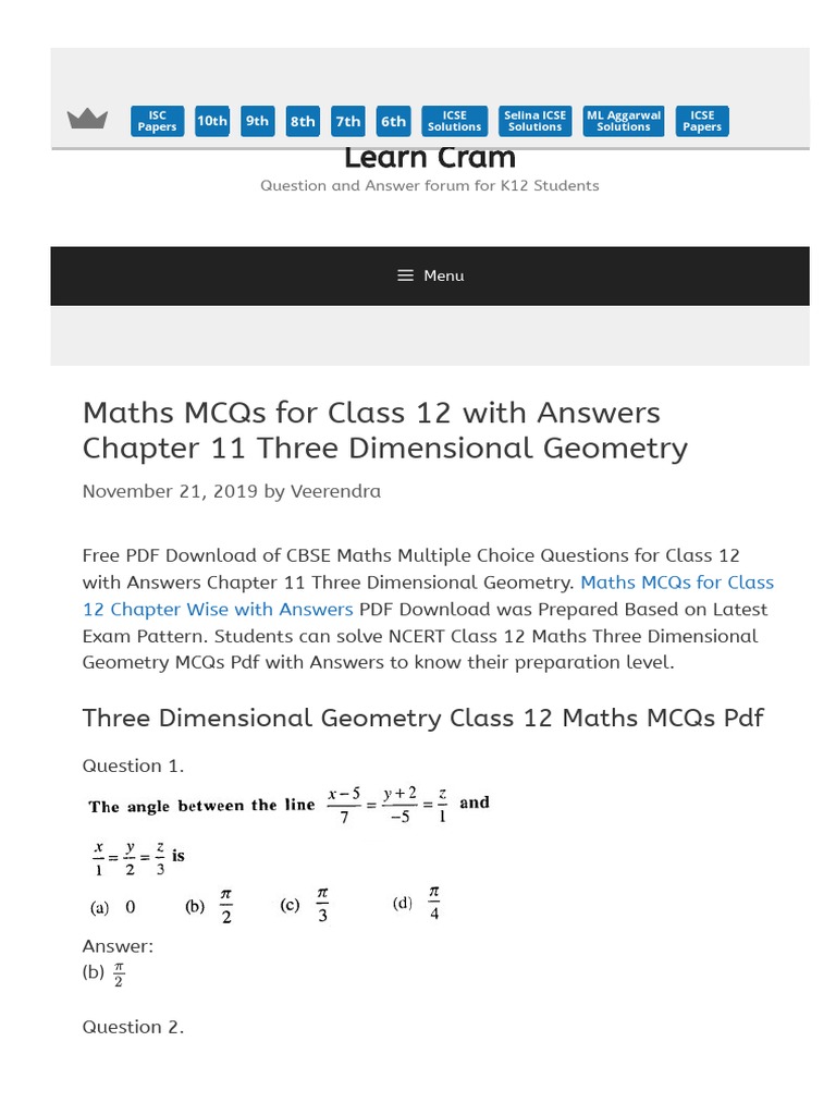Learn Cram: Maths Mcqs For Class 12 With Answers Chapter 11 Three Dimensional Geometry | PDF ...