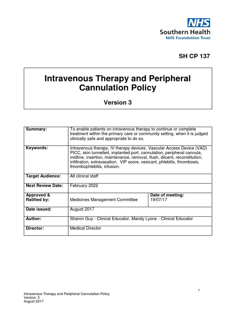 Intravenous Therapy and Peripheral Cannulation Policy V3 | PDF ...