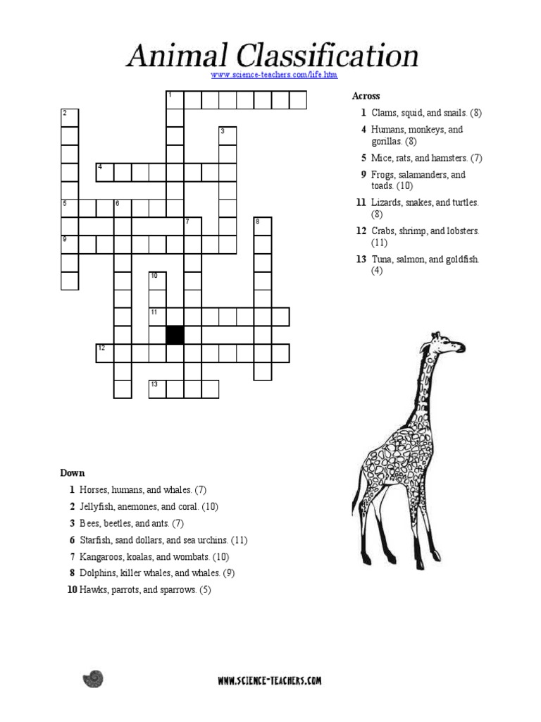 Animal Taxonomy Crossword | PDF