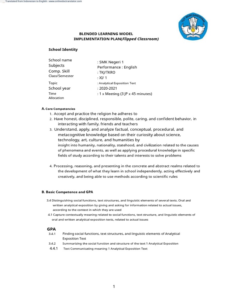 Blended Learning Model Implementation Plan (School Identity: Class/Semester Topic | PDF ...