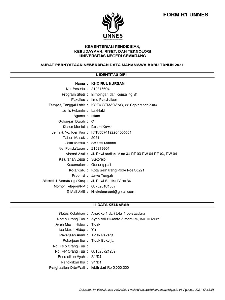 Form R1 Unnes | PDF