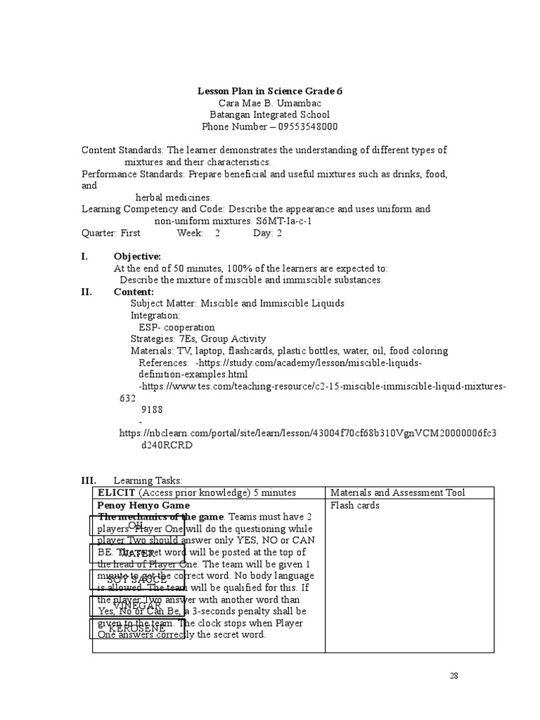 Lesson Plan in Science Grade 6 | PDF | Solution | Liquids