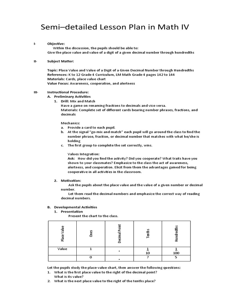 Cot Semi-Detailed Lesson Plan in Math 4 | PDF | Numbers | Lesson Plan