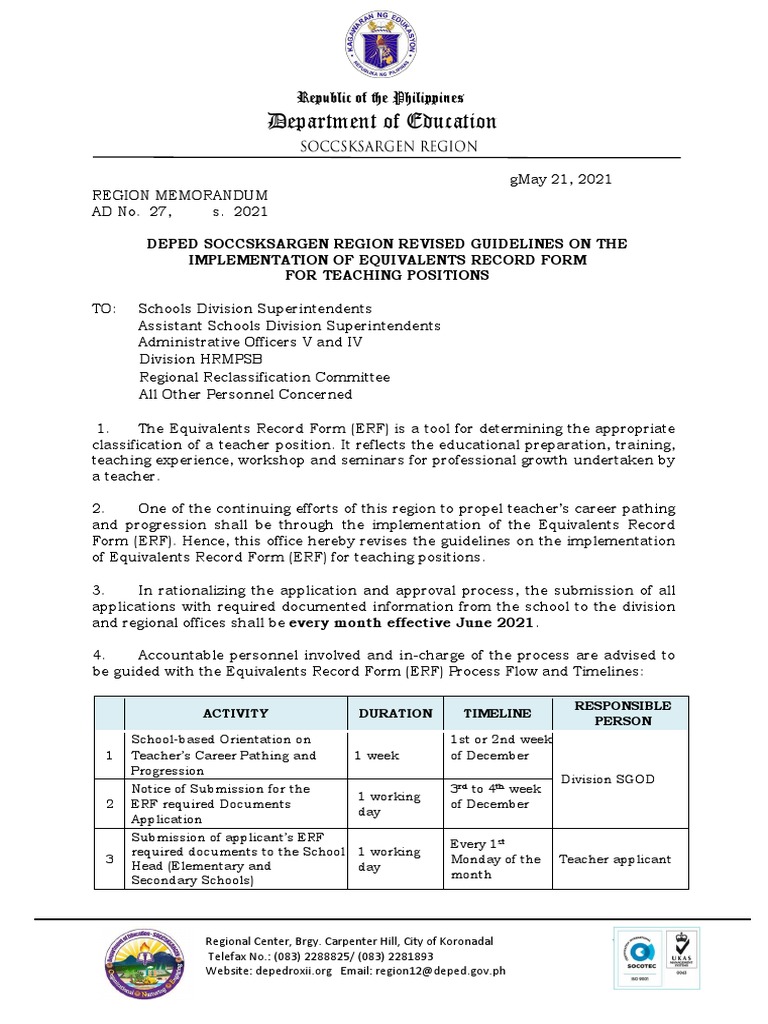 Region Memorandum Ad 27 Deped Soccsksargen Region Revised Guidelines On ...