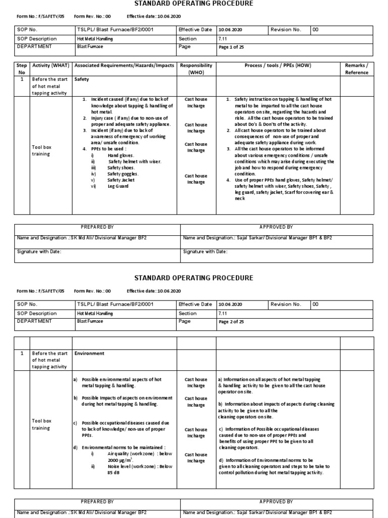 1 Hot Metal Tapping SOP | PDF | Personal Protective Equipment