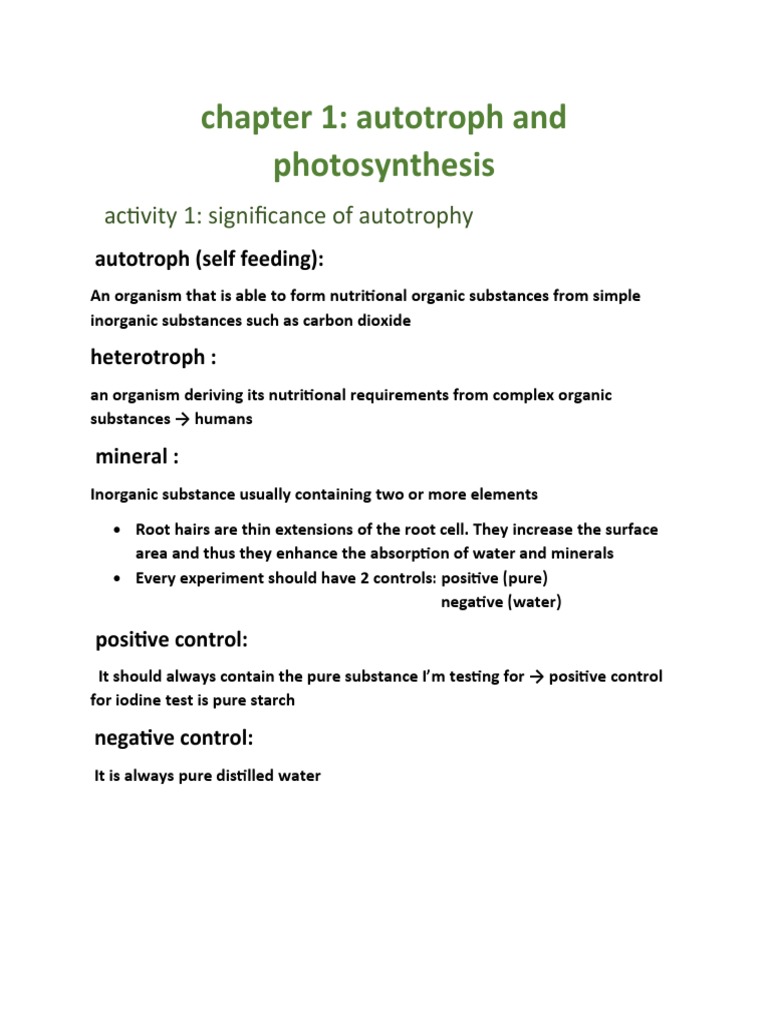 Chapter 1: Autotroph and Photosynthesis: Activity 1: Significance of ...