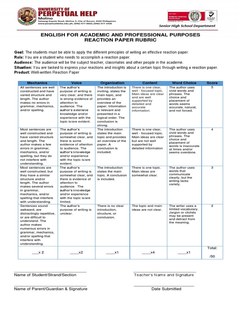 Reaction Paper Rubric | PDF | Phrase | Sentence (Linguistics) Reaction Paper Rubric | PDF | Phrase | Sentence (Linguistics)