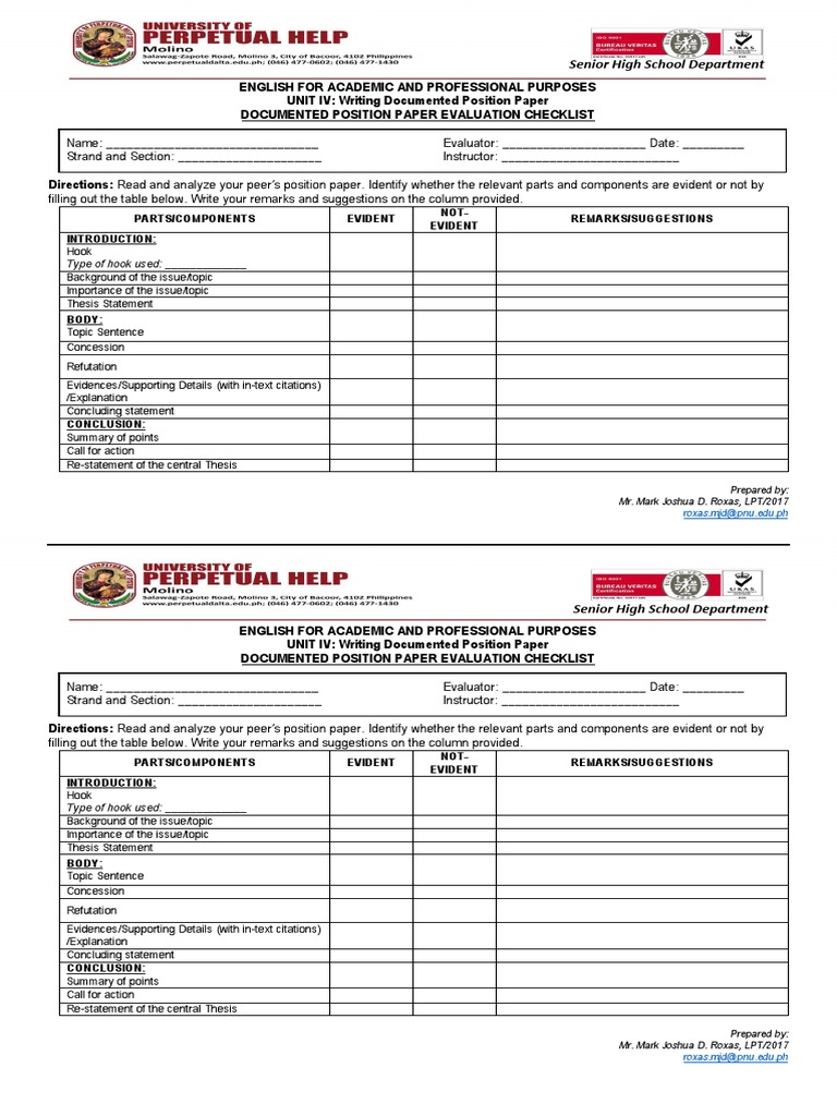 Final Position Paper Rubric and Checklist | PDF | Thesis | Sentence ...