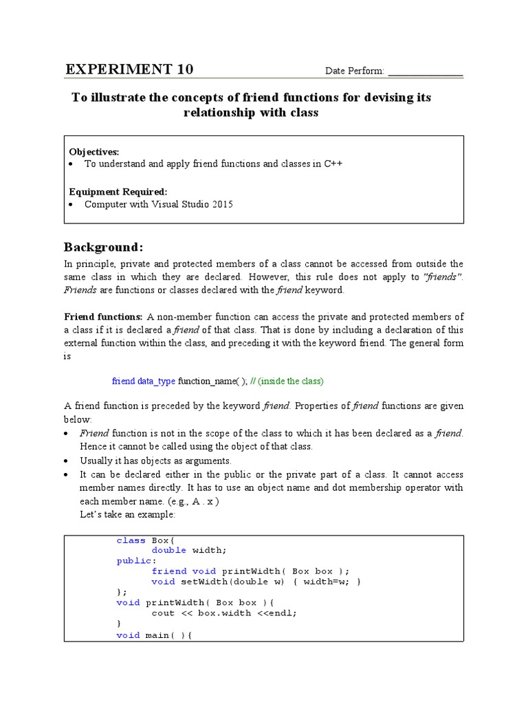 Experiment 10: To Illustrate The Concepts of Friend Functions For ...