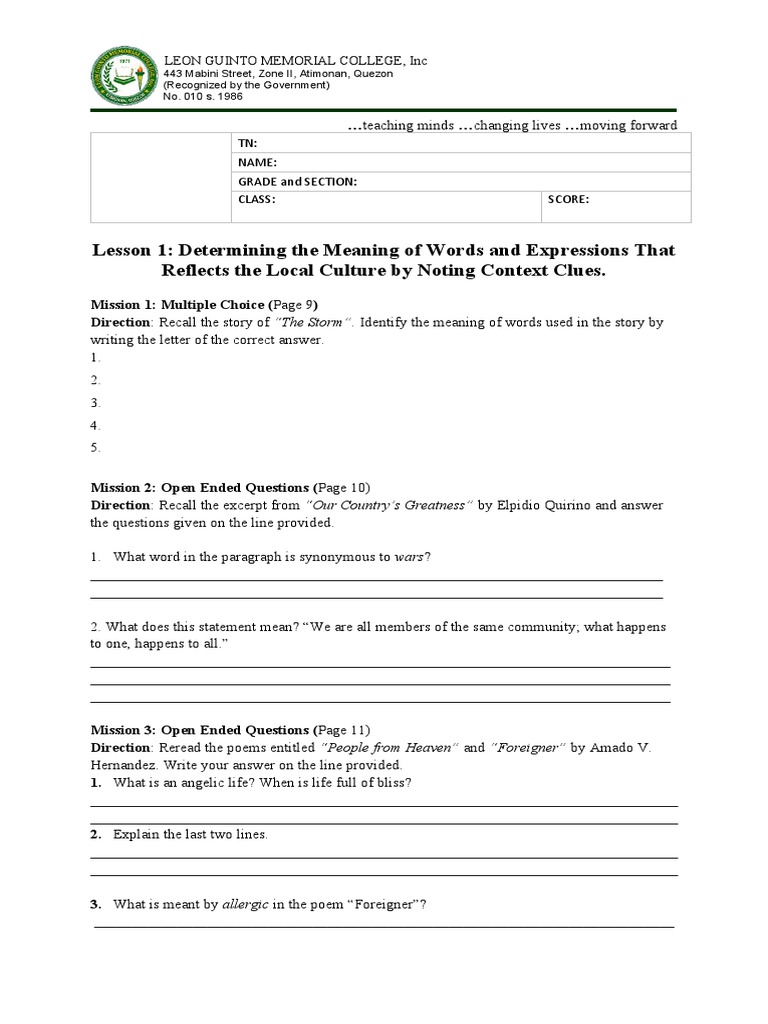 Lesson 1: Determining The Meaning of Words and Expressions That Reflects The Local Culture by ...