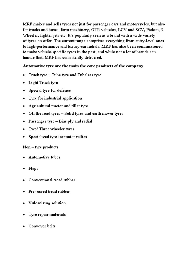 MRF Tyres: Comprehensive Product Range | PDF | Tire | Wheel