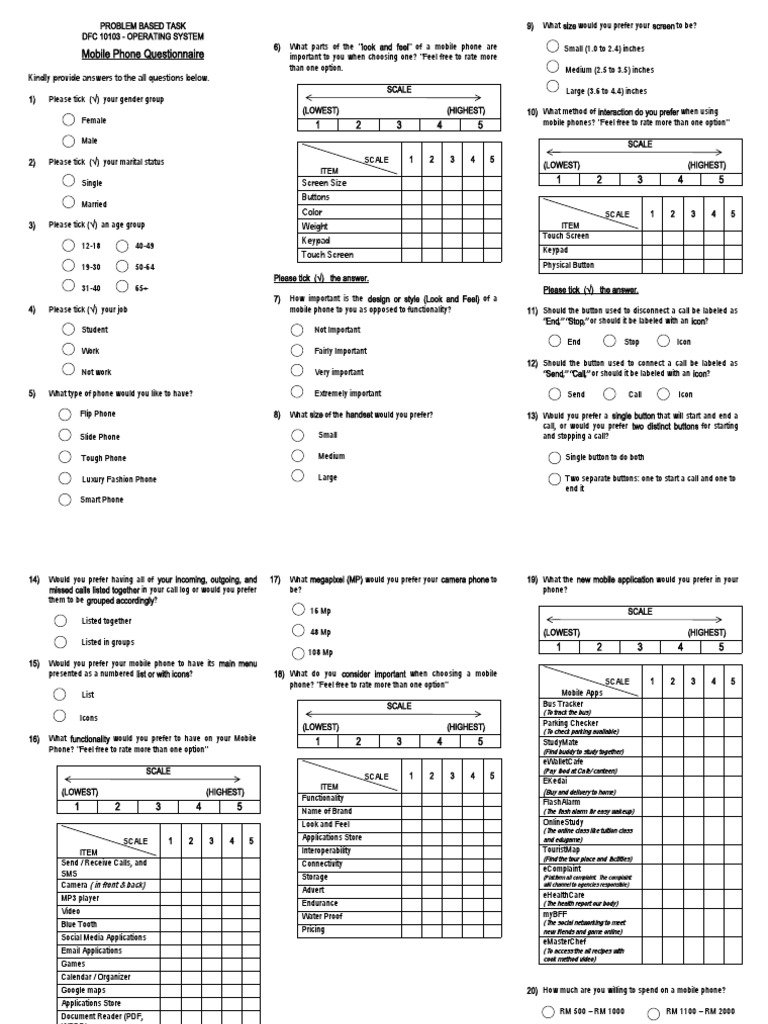 Mobile Phone Questionnaire: Kindly Provide Answers To The All Questions ...