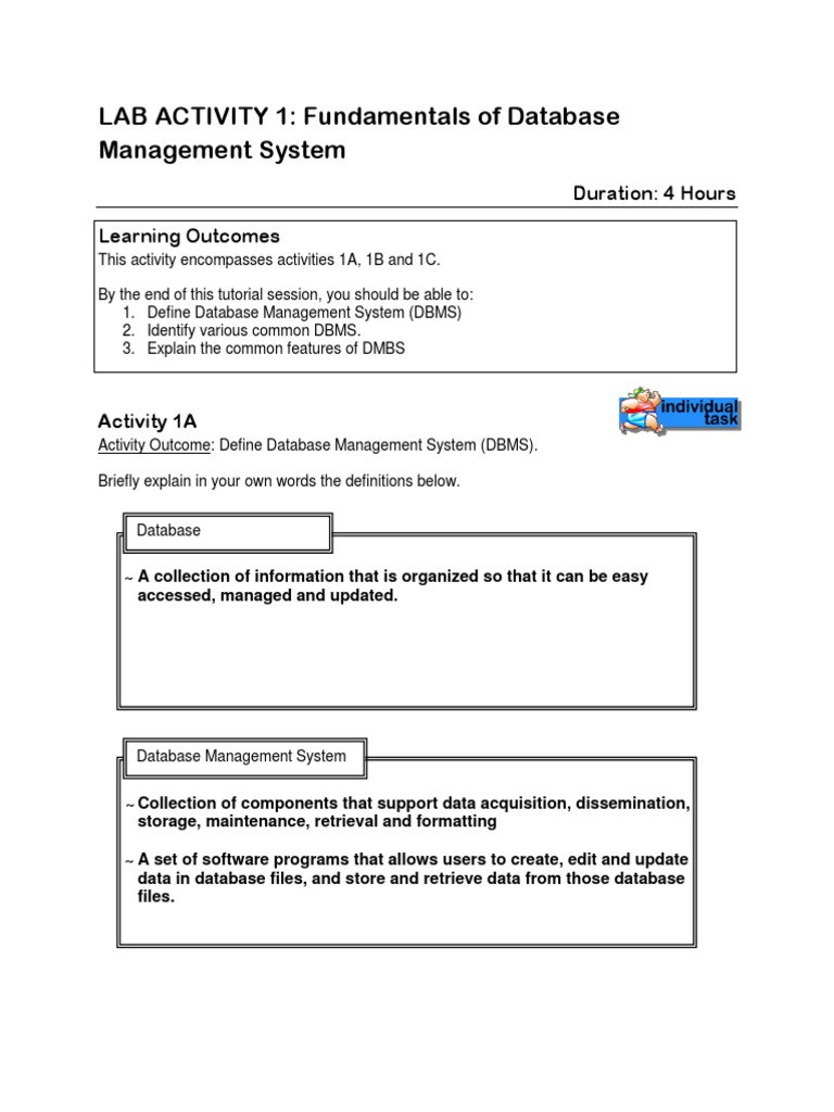 LAB ACTIVITY 1: Fundamentals of Database Management System: Duration: 4 Hours Learning Outcomes ...