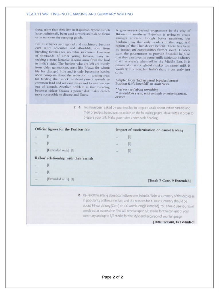 Note Making and Summary Writing Questions | PDF