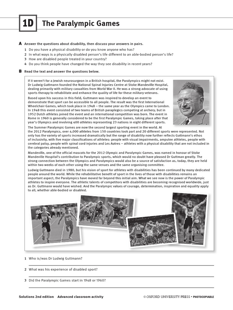 Solutions 2nd Edition Advanced Classroom Activity 1d | PDF | Paralympic ...