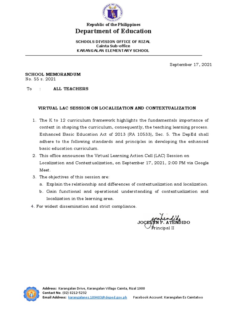 School Memo No.55 Localization and Contextualization | PDF