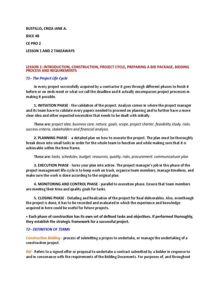 Lesson 1: Introduction, Construction, Project Cycle, Preparing A Bid ...