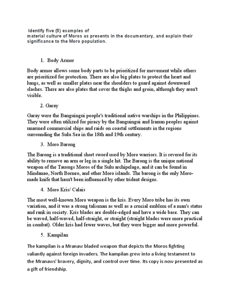 Identify Five (5) Examples of Material Culture of Moros As Presents in ...