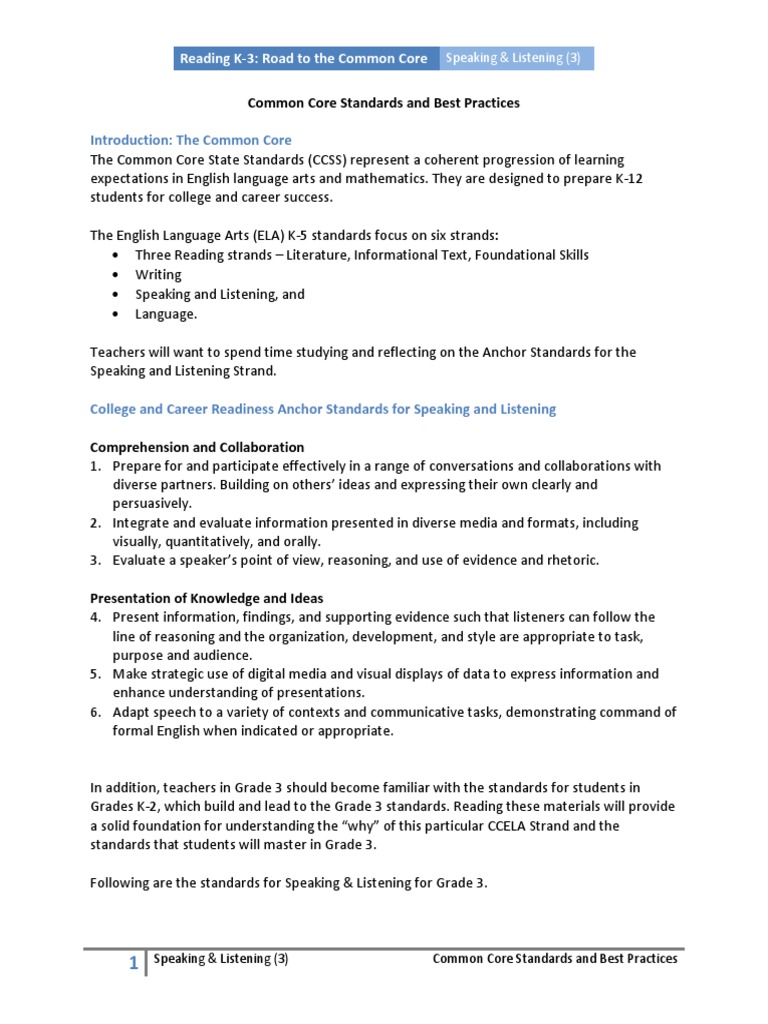 Grade 3 Speaking & Listening Standards | PDF | Common Core State ...