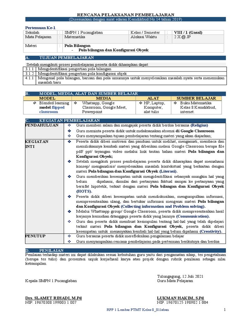 KELAS 8 Master RPP 1 Lembar | PDF