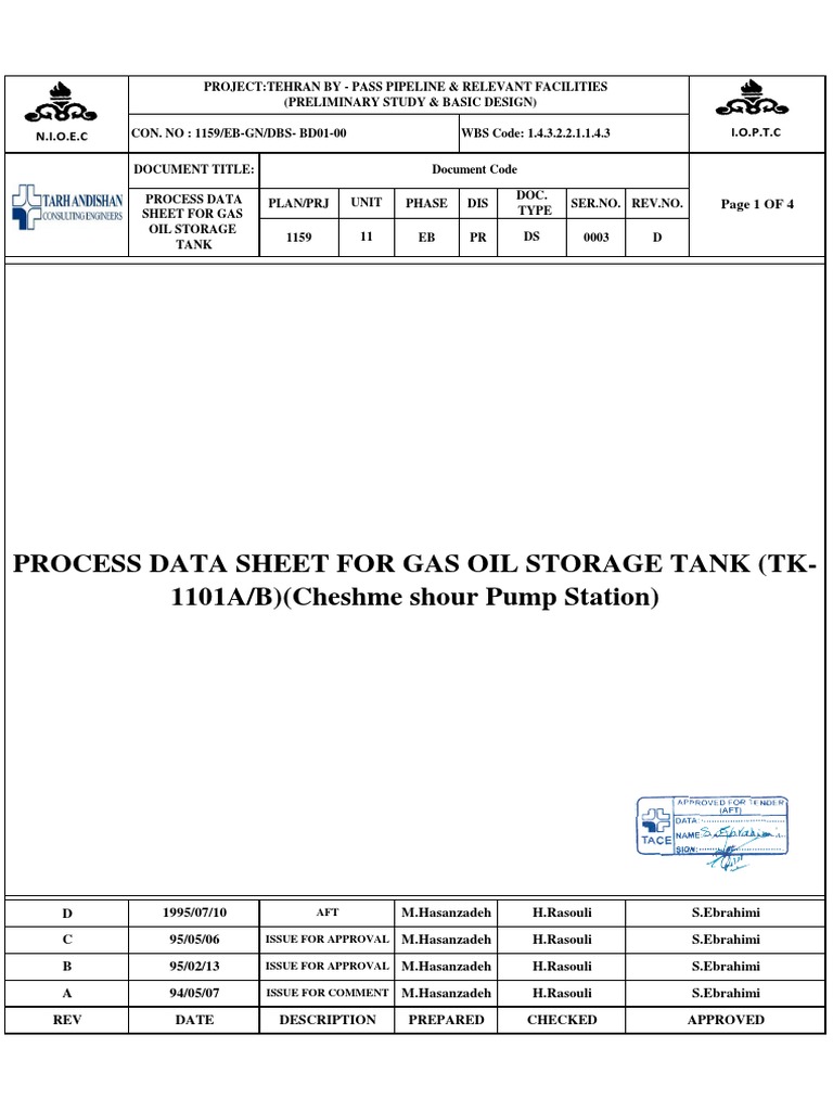 Process Data Sheet For Gas Oil Storage Tank (Tk-1101A/B) (Cheshme Shour ...