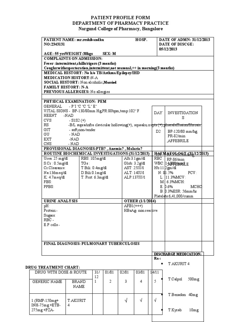 Patient Profile Form Department of Pharmacy Practice Nargund College of ...