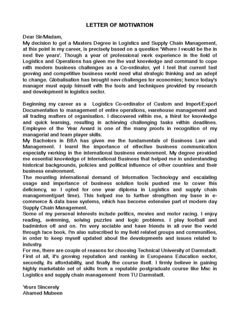 Letter of Motivation | PDF | Logistics | Supply Chain Management