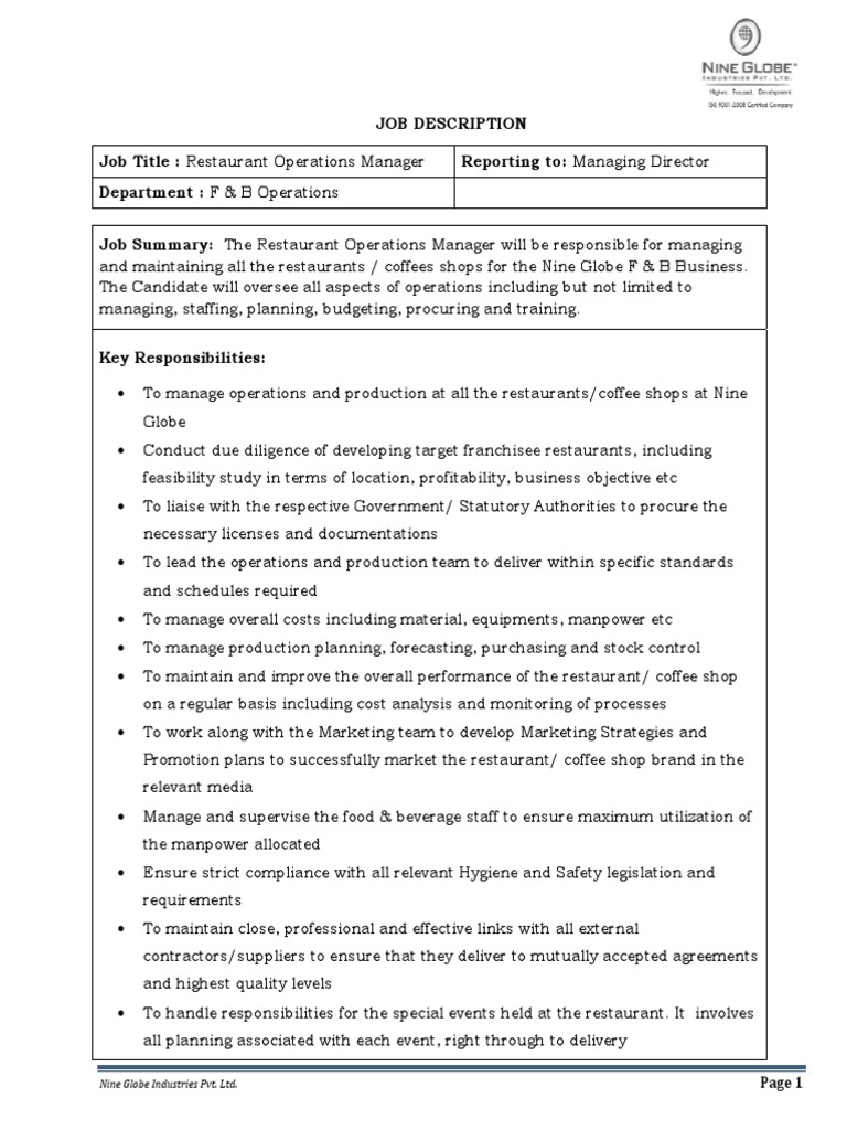 Restaurant Operations Manager Overview | PDF | Restaurants | Marketing