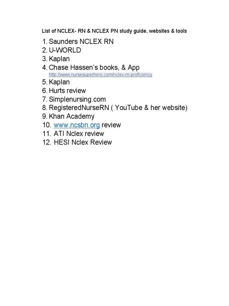 List of NCLEX - RN - NCLEX PN Study Guide, Websites - Tools-2 | PDF