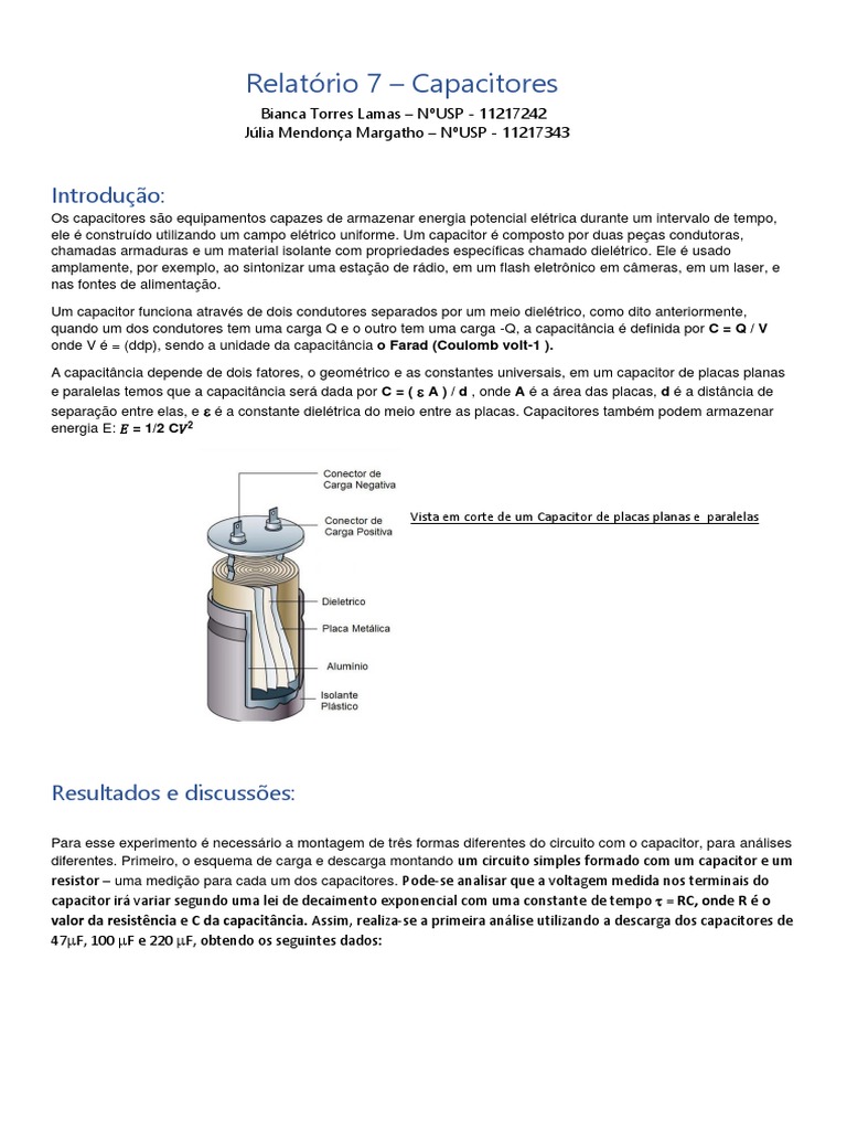 Relatório 7 - Capacitores | PDF | Capacitor | Capacidade elétrica