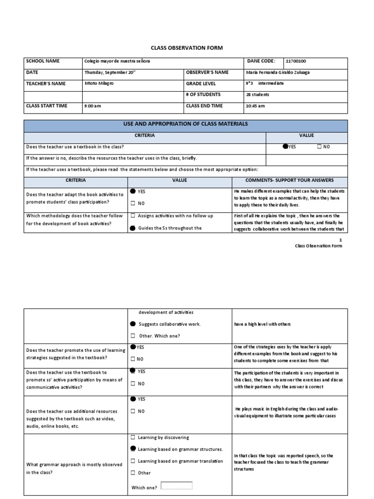 Class Observation Form Updated | PDF | Teachers | Classroom