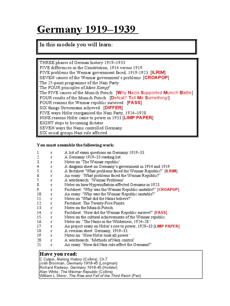 Germany 1919-1939: in This Module You Will Learn | PDF | Weimar ...