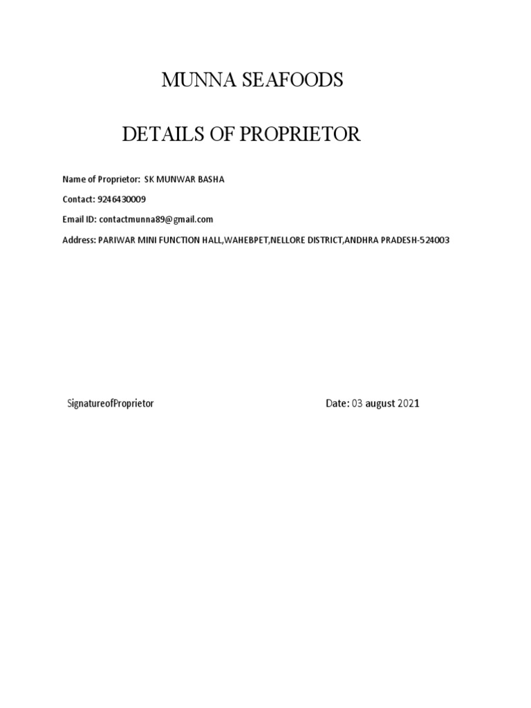 5891 Proprietor-Own Format-1 | PDF | Food Safety | Sole Proprietorship