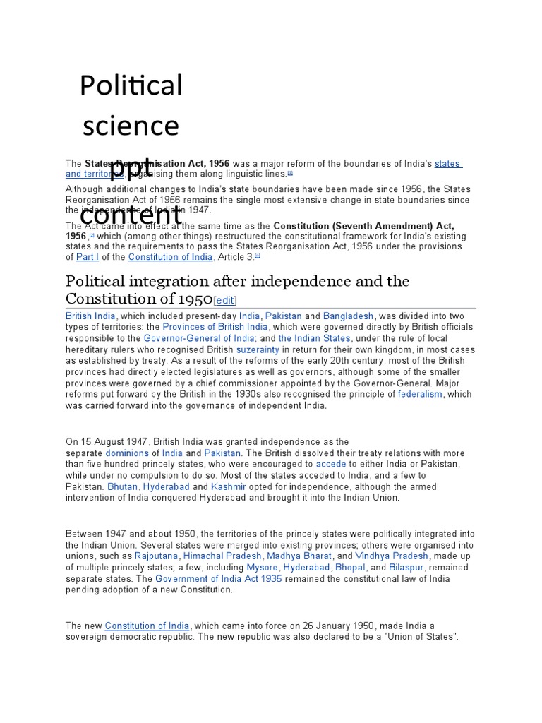 Political Science PPT Content: Political Integration After Independence ...