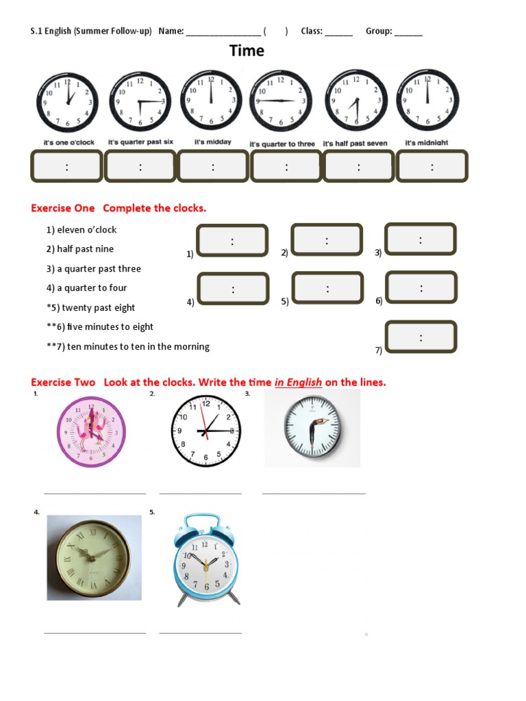 Exercise One Complete The Clocks | PDF