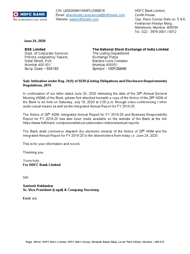 Scrip Code - 500180 Symbol - HDFCBANK: BSE Limited The National Stock Exchange of India Limited ...