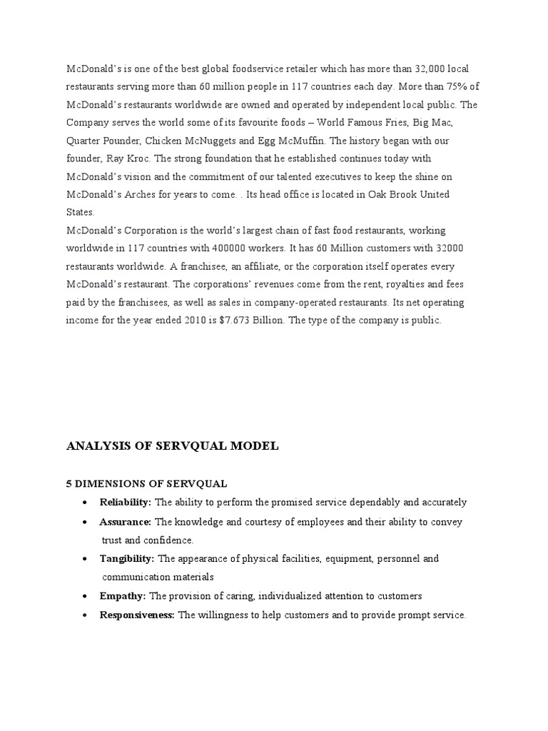Analysis of Servqual Model | Download Free PDF | Mc Donald's | Economies
