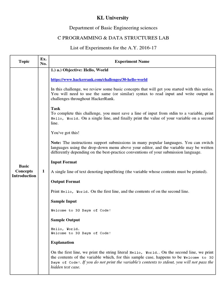 Department Of Basic Engineering Sciences C Programming And Data Structures Lab List Of Experiments 