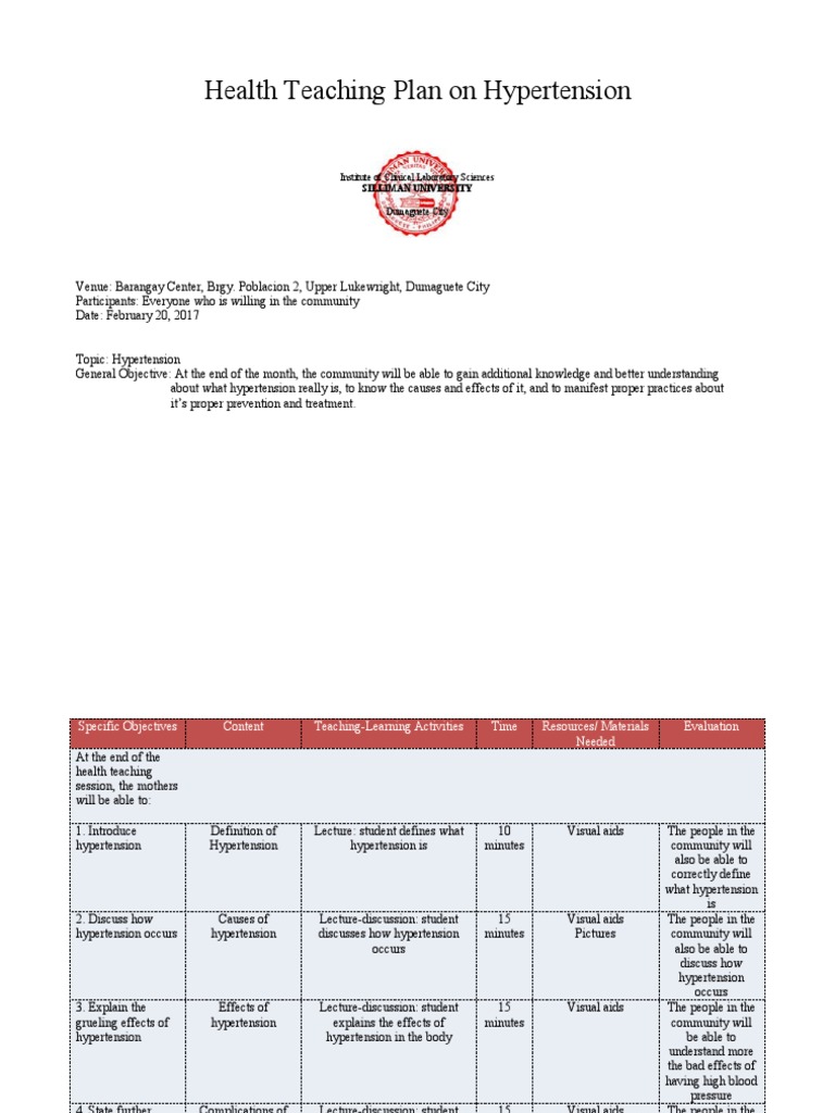 Health Teaching Plan On Hypertension | PDF | Hypertension | Blood Pressure