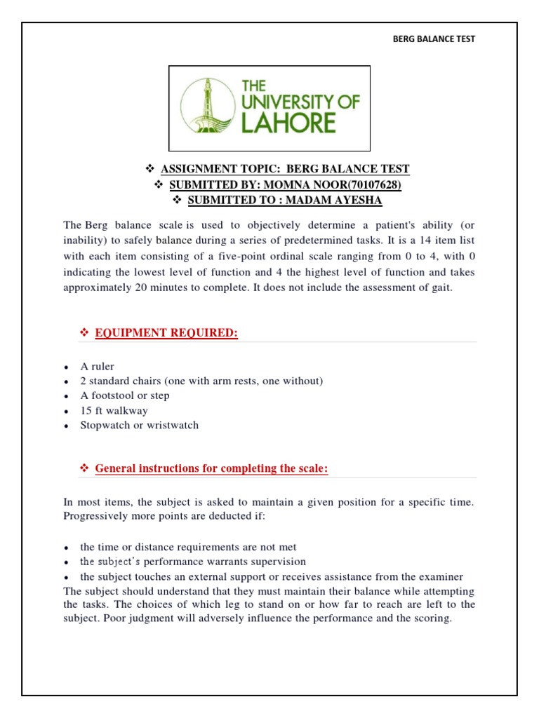 Berg Balance Test | PDF | Cognition | Psychology
