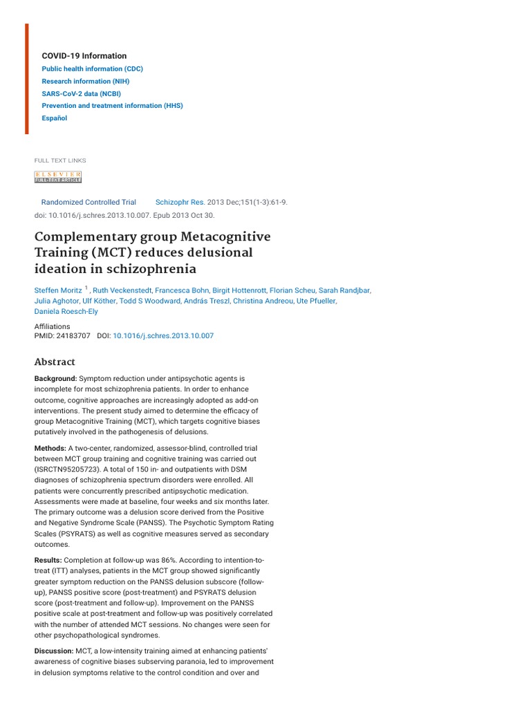 Complementary Group Metacognitive Training (MCT) Reduces Delusional Ideation in Schizophrenia ...