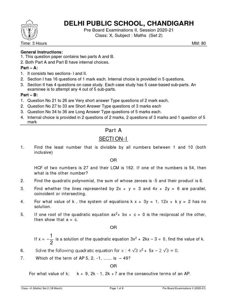 Class X Maths PB Set 2 18 Mar | PDF | Area | Circle