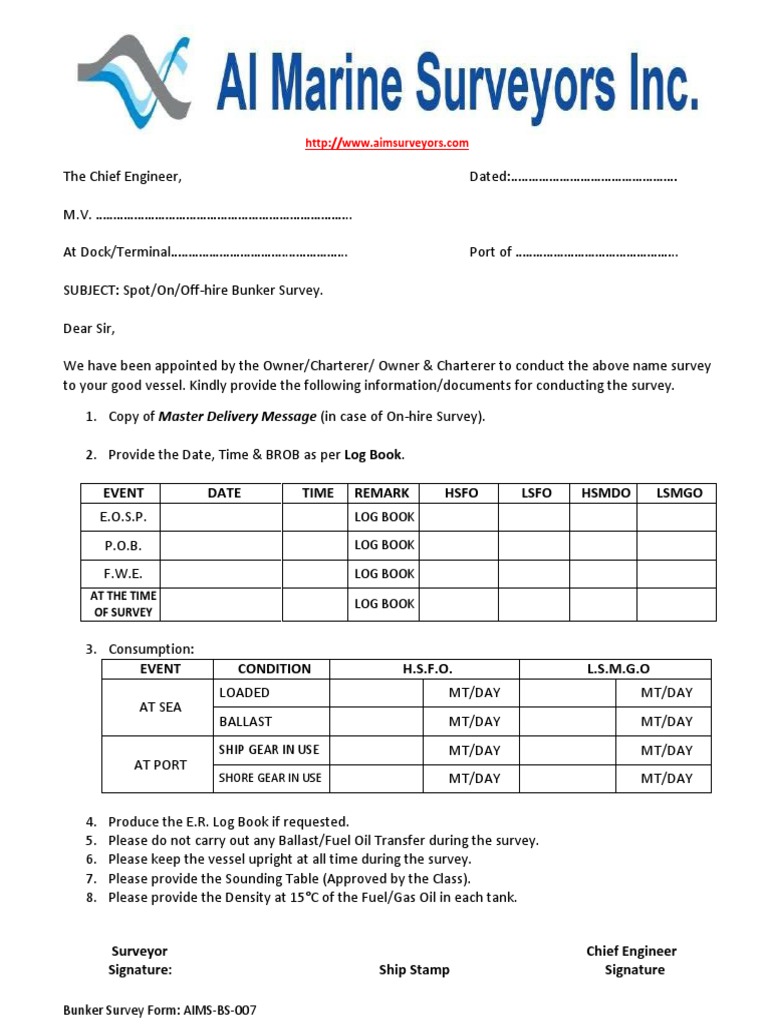 Bunker Survey Form AIMS-BS-007 | PDF