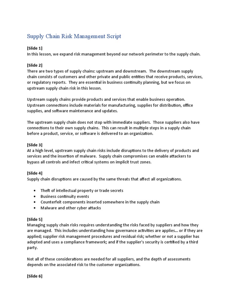 Supply Chain Risk Management Script - Edited | PDF | Malware | Supply Chain